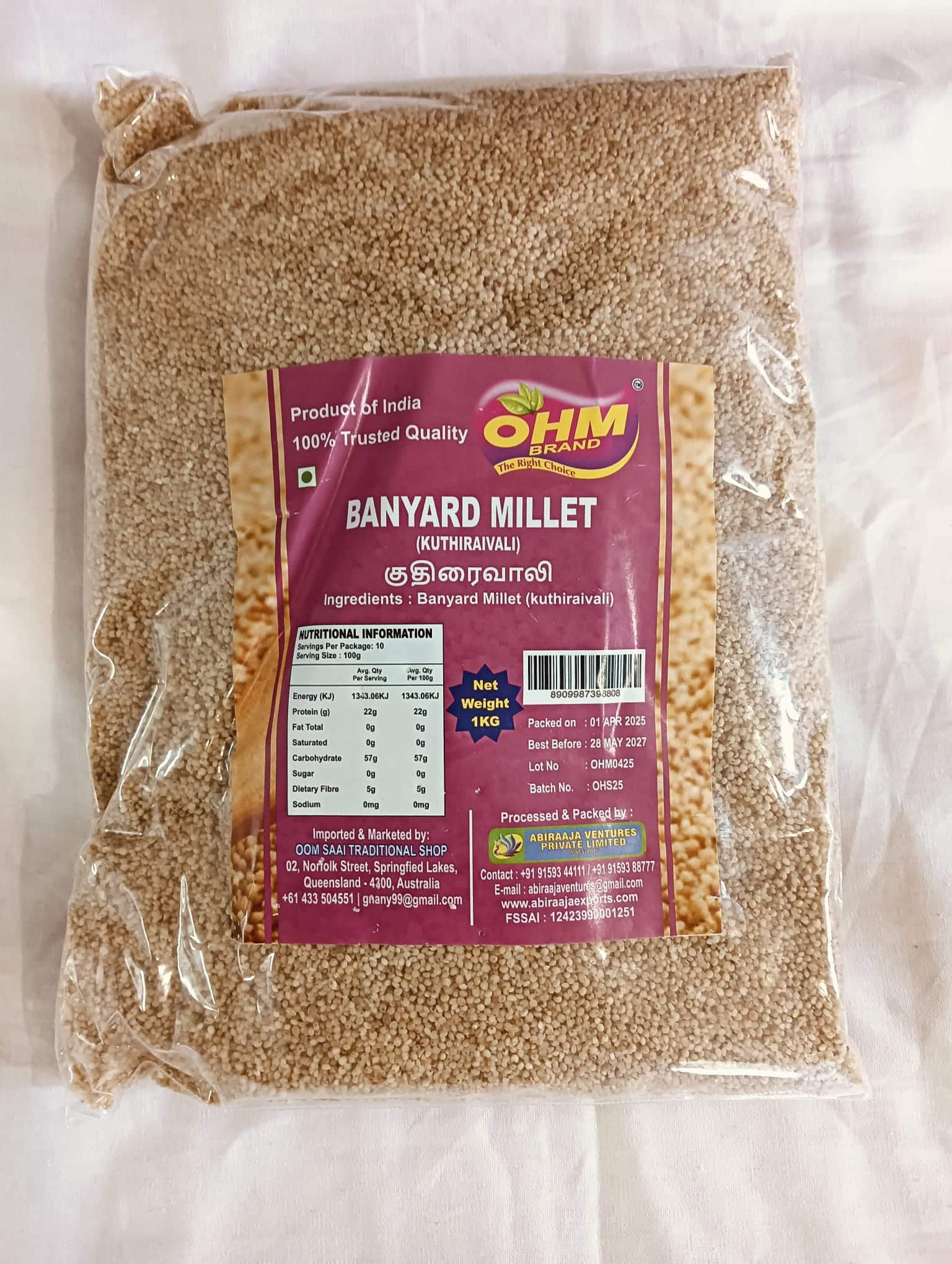 OHM Barnyard Millet 1kg (Kuthiraivali Rice) – iYarkai
